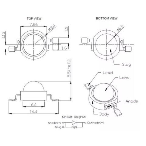 Diodo LED de 1 W (verde, 70 lm, 520 nm, 350 mA, 3.2-3.4 V) - ToolBoom